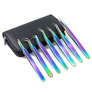 Eyelash Extension Tweezers Set, Fangze 7 Pcs Lash Kit Rainbow Stainless Steel Straight and Curved Tweezer for Nail Art Ingrown Hair Craft