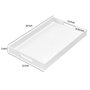 MUKEEN Glossy White Sturdy Acrylic Serving Tray with Handles 12x20x2H Inches -Spill Proof- Decorative Trays Countertop Organizer for Ottoman Coffee Table Nightstand, sidetable, Breakfast, Tea, Food
