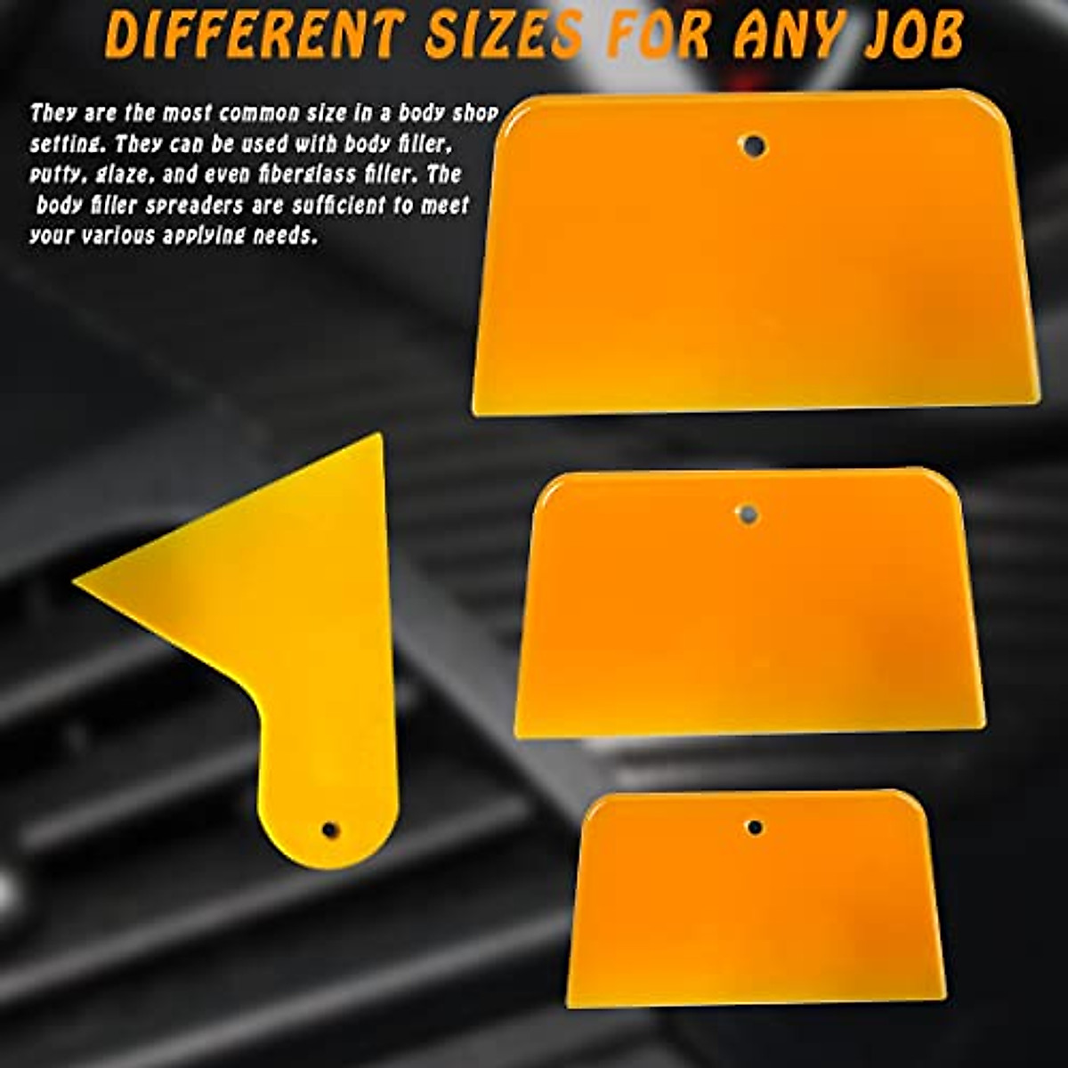 4 Pack Body Filler Spreaders, 3, 4, 5, 6 Inch Reusable Automotive Body Fillers Hard Plastic Auto Spreaders for Applying Fillers, Putties, Glazes, Caulking Agents Car Body Maintenance and Paint, Orange