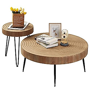 RUSTOWN Farmhouse Round Coffee Table Set of 2, Cocktail Table Set, Modern Circle Natural Wood Finsh Side and End Table Sets for Living Room,Natural