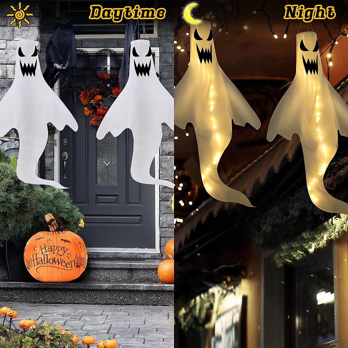 2 Sets Halloween Windsock Flag with LED Lights Outdoor Happy Halloween Hanging Decor for Yard Patio Garden Pathway Party Decoration (Ghost)