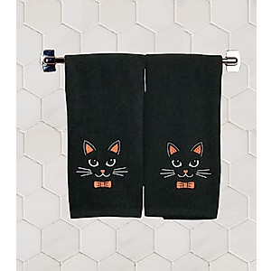 Decorative Halloween Hand Towels: Black Plush Velour Cotton Embroidered Design, Set of 2 (Cat)