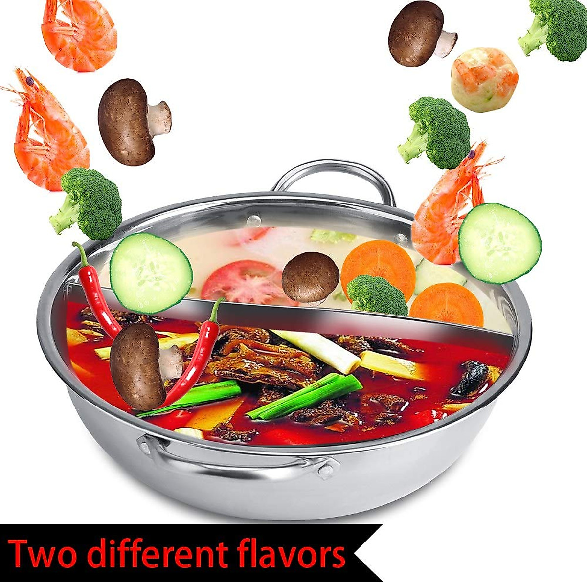 Stainless Steel Hot Pot with Divider, Thick Nonstick Hot Pot, Two Flavor Soup Pot with Hollown Handle, Induction Cooker, Gas Frunace and Log Fire Usable(29cm)