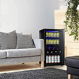 WANAI Beverage Refrigerator Cooler Mini Fridge Glass Door 100Can Beer Fridge Beverage Cooler Drinks Wines Juice Soda Cooler Adjustable Shelves Blue LED Lights Temp Control for Home Dorm 3.2 Cu. Ft