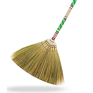 Natural Grass Broom for Sweeping Indoor and Outdoor with Brush Power and Circle Cleaning House, Kitchen, Office,Handmade Broom, Embroidered Woven,Housewarming Gifts Asian Broom 40 inch