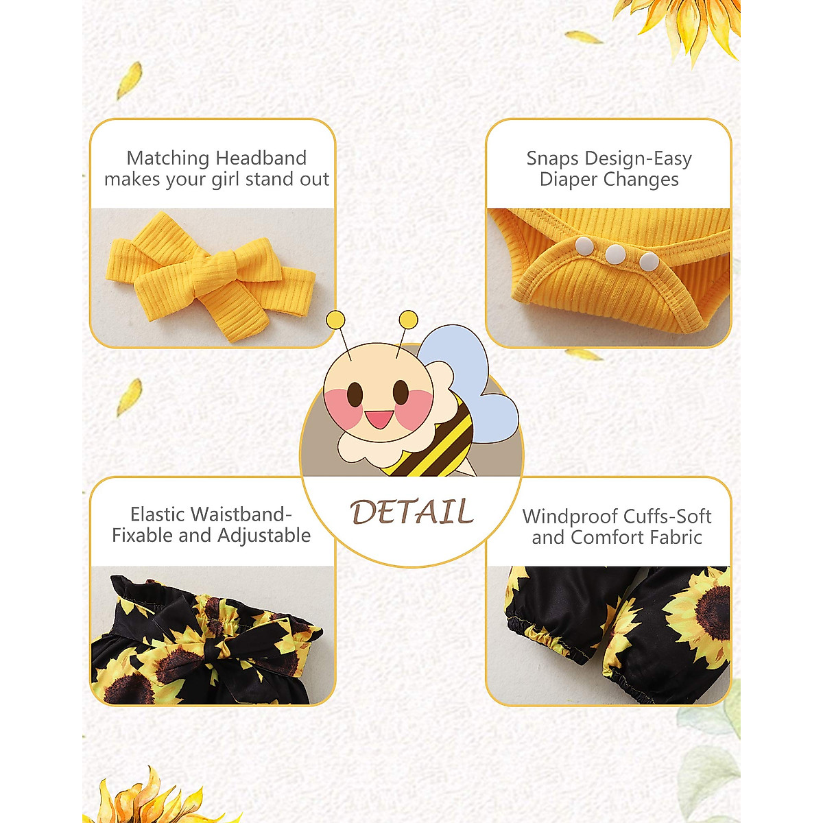 veikimous Infant Baby Girl Clothes Baby Girl Sunflower Outfits Ruffle Romper Long Floral Pants Cute Baby Clothes Girl Yellow 3-6 Months