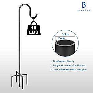 Bluwing 62 Inches Outdoor Shepherd Hook with 5 Prong Base (2 Packs), Stand Pole for Humming Bird Feeder, Adjustable Freestanding Hanger Base for Flower Planter, Outside Garden Holder for Wind Chime