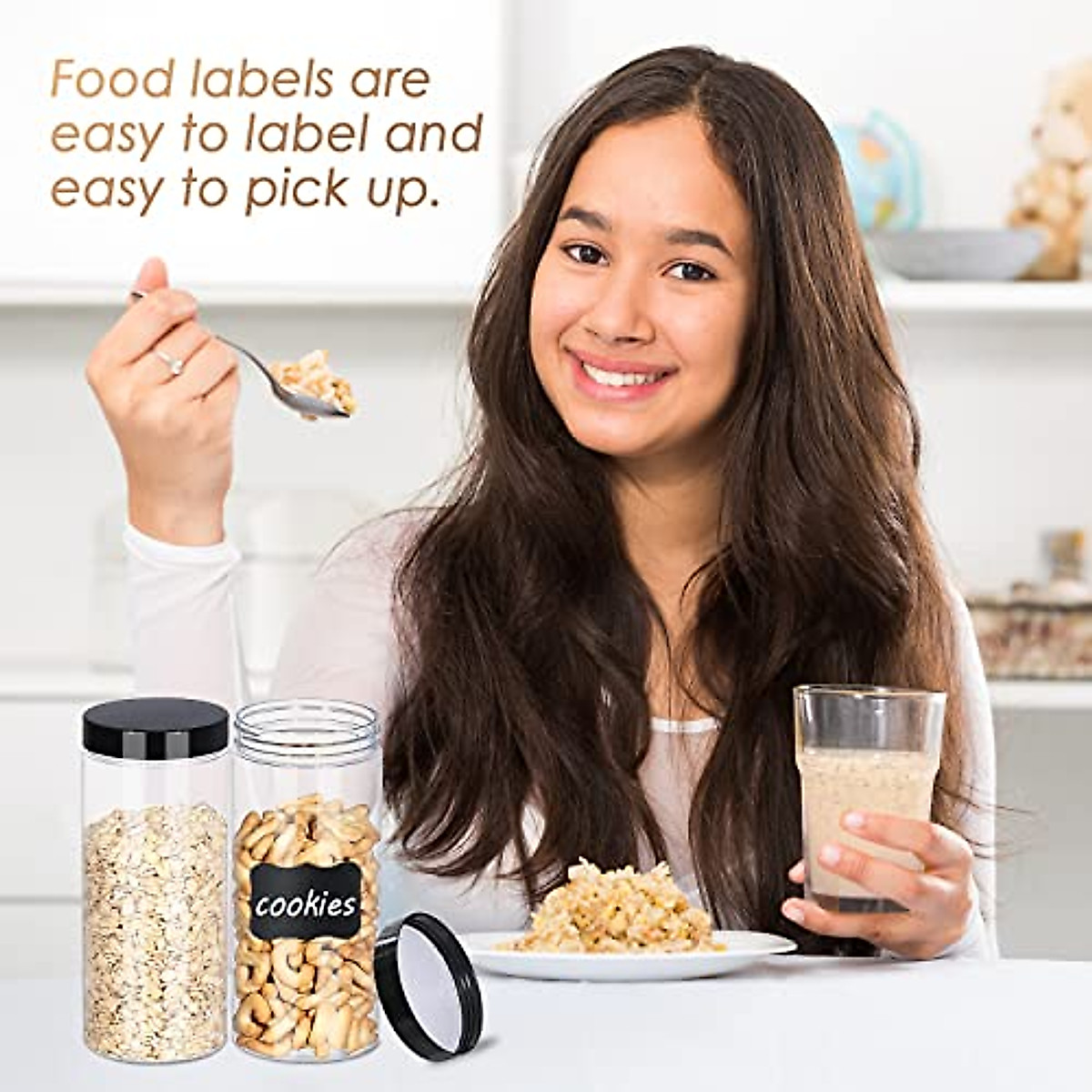 OUSHINAN Plastic Jars with Screw On Lids, Pen and Labels Refillable Empty Round Slime Cosmetics Containers for Storing Dry Food, Makeup, Slime, Honey Jam, Cream, Butter, Lotion… (18PCS 16OZ Black)