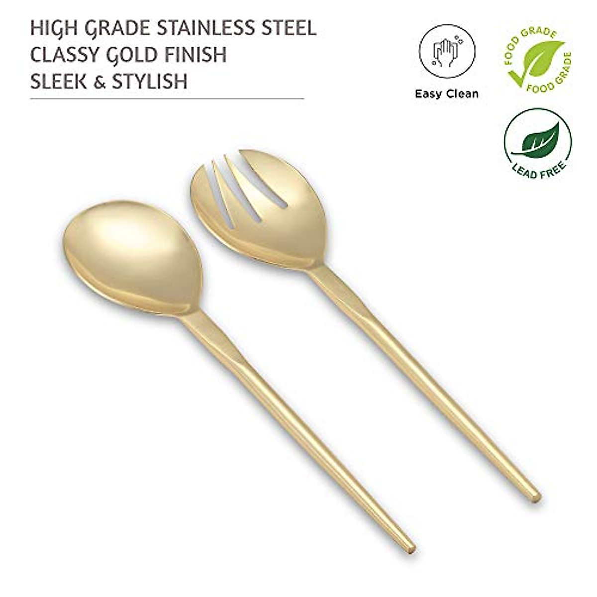 Folkulture Serving Utensils for Modern Serving and Cooking, Stainless Steel Kitchen Salad Servers or Salad Tongs, 12-Inch Serving Spoon and Fork Set for Salad, Gravies or Pasta, Gold/Brass Finish