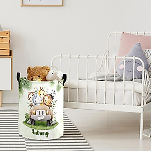 Jungle Animal Car Leaves Green Personalized Laundry Basket Hamper,Collapsible Storage Baskets with Handles for Kids Room,Clothes, Nursery Decor