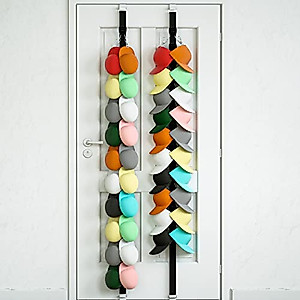 VOLCANOES CLUB Closet Oganizers and Storage - 2 Straps Hat Organizer Over The Door Storage Hanger - Baseball Caps Holder with 40 Clips, - Adjustable Closet Hook For Fitting Door Up To 93 Inch (Black)