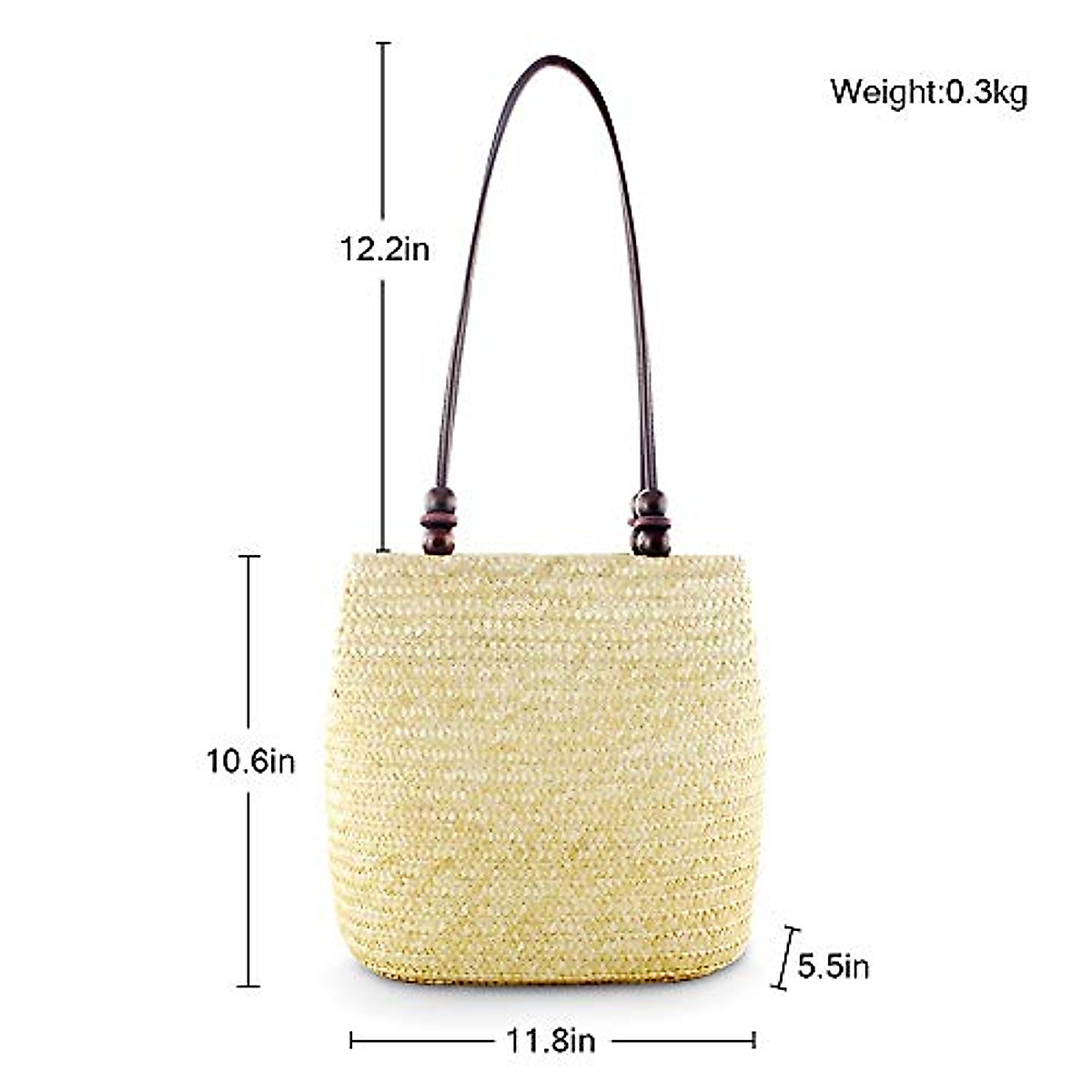 QTKJ Women Retro Bucket Straw Bag Handwoven Rattan Beach Tote Shoulder Bag with Brown Bead (Beige)