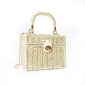 LCC ACBLI FEELOMA JIYALI Handwoven Rattan Vintage Purse Natural Chic Casual Handbag Beach Sea Tote Basket Straw Vacation Bag, Off-White