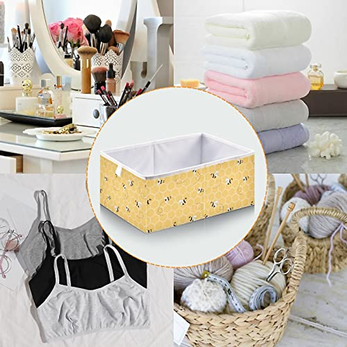 Yellow Bees Honey Storage Baskets for Shelves Foldable Collapsible Storage Box Bins with Fabric Bins Cube Toys Organizers for Pantry Clothes Storage Toys, Books, Home, Office,11 x 11inch