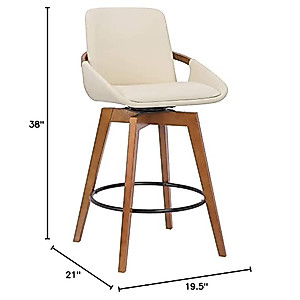 Armen Living Baylor Swivel Wood Bar or Counter Height Stool in Faux Leather, Cream/Walnut, 26" Counter Height