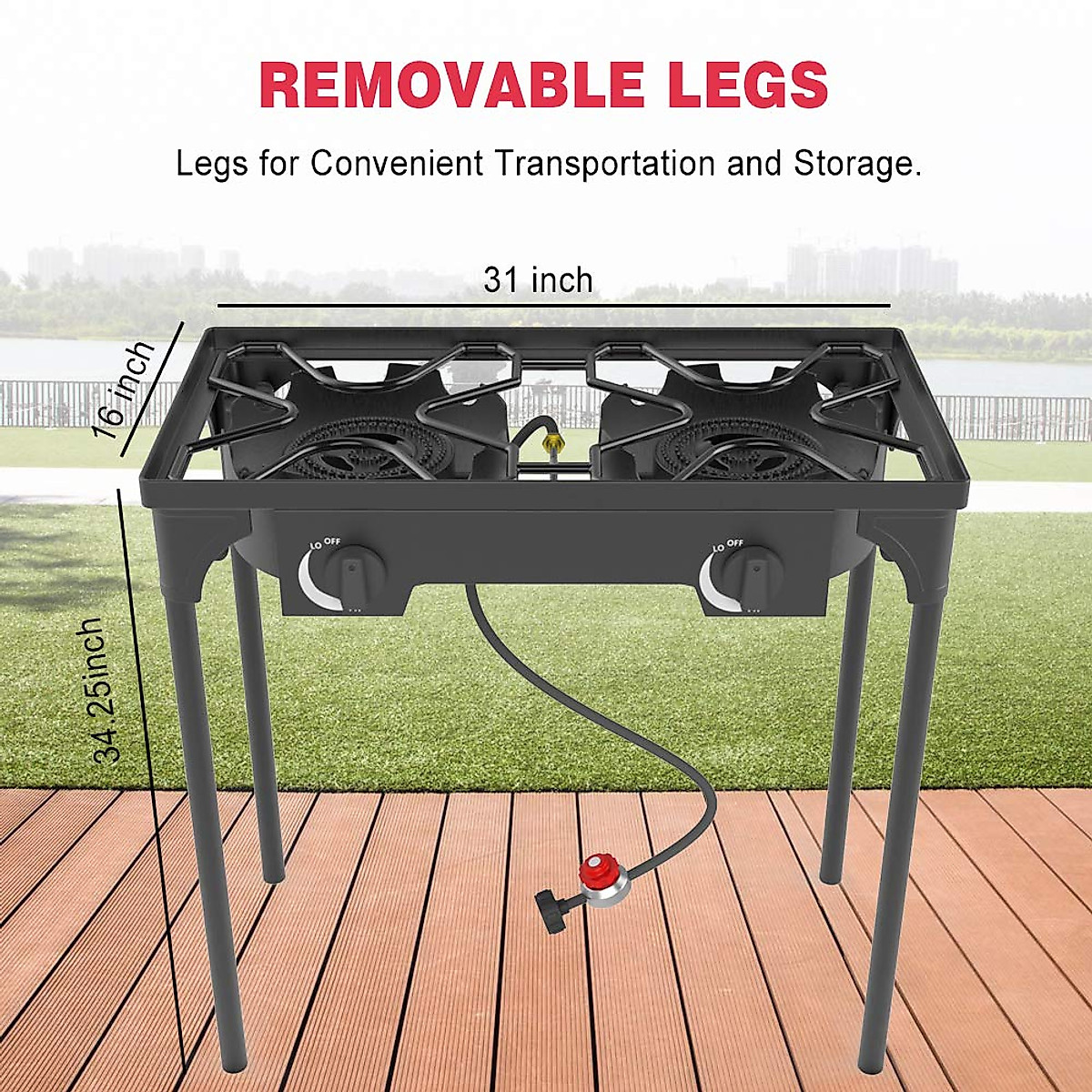 Outdoor & Indoor Portable Propane Stove, Single & Double Burners with Gas Premium Hose, Detachable Legs for Backyard Kitchen, Camping Grill, Hiking Cooking, Outdoor Recreation (DB02-Large,2 Burners)