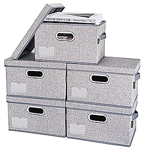 BALEINE Storage Bins with Lids, Foldable Linen Fabric Storage Boxes with Lids, Collapsible Closet Organizer Containers with Cover for Home Bedroom Office (5pack Gray Medium)