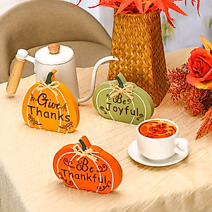 3 Pcs Fall Wooden Pumpkin Sign Fall Thankful Joyful Thanks Pumpkin Tiered Tray Decor Fall Table Signs Harvest Thanksgiving Wood Block Sign for Home Party Halloween Decorations (Orange, Green, Yellow)
