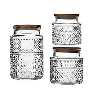 Livejun Glass Storage Jars Vintage Embossed Canisters Food Cereal Storage Containers with Bamboo Lid, Decorative Jars for Kitchen Counter,Pantry,Set 3-Piece Glass Jars in 60 oz/40 oz/20 oz (Round)