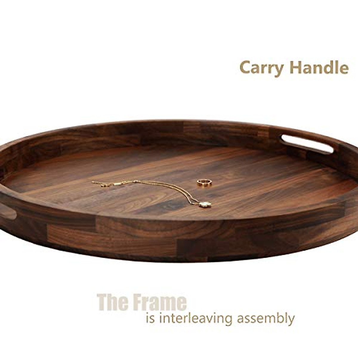 MAGIGO 20 Inches Extra Large Round Black Walnut Wood Ottoman Tray with Handles, Serve Tea, Coffee or Breakfast in Bed, Classic Circular Wooden Decorative Serving Tray