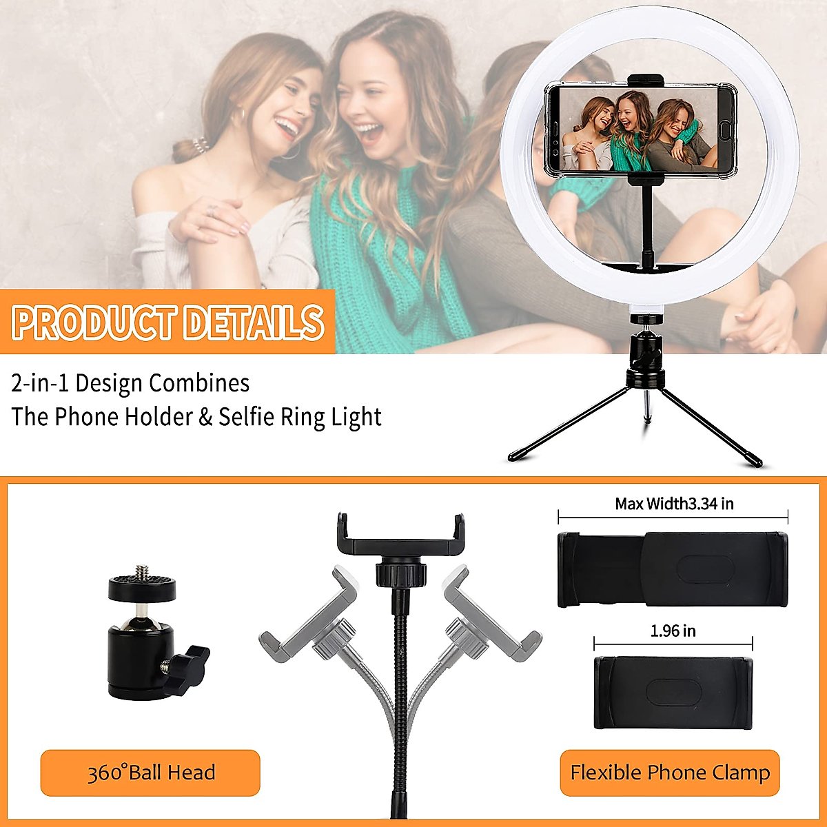 Desk Ring Light with Stand, 10'' Dimmable Selfie Ring Light with Mini Tripod Stand and Phone Holder, Make Up LED Ring Light with Bluetooth Shutter for Zoom Meetings/Vlog/Tiktok/YouTube