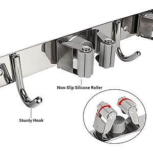 YYTONG Broom and Mop Holder, Wall Mounted Broom Holder, Stainless Steel Mop Holder, Self Adhesive Heavy Duty Hooks Storage Organizer for Laundry Room Garden Garage Closet Kitchen (3 Racks 4 Hooks)