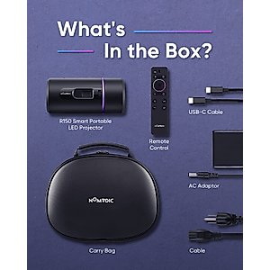 NOMVDIC R150 Mini Projector, Portable Battery Operated Projector with 4hrs of Playtime , Ceiling Projector with 90˚ Rotating Lens, 6W Harman Kardon Speaker, Auto Keystone