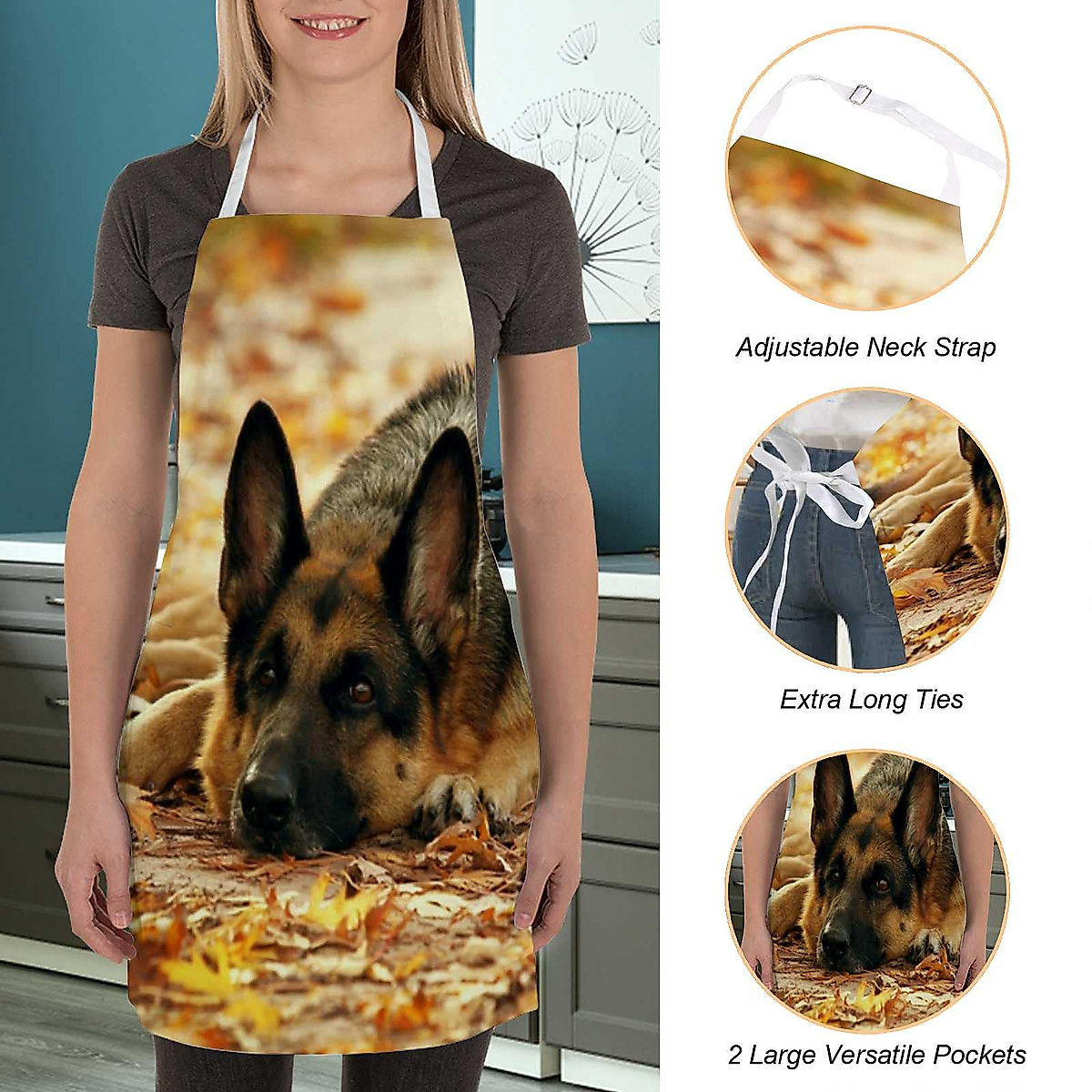 My Daily Kitchen Apron with Pockets, Oven Mitt and Pot Holder Set, German Shepherd Dog Adjustable Cooking Apron, Microwave Glove, Potholder, 3 Piece