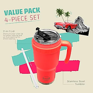 Mayim 40oz Tumbler with Handle, Travel Coffee Mug or Insulated Water Bottle with Straw and Lid, Leak Proof Stainless Steel Double Wall Thermos for Home, Office or Car - Neon Orange