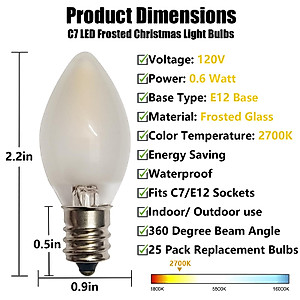 C7 LED Frosted Christmas Light Bulb, 25 Pack C7 Christmas Replacement Bulbs with Frosted Glass, 0.6W E12 Candelabra LED Light Bulbs for Chandeliers Candle Lamps Night Light Christmas String Lights