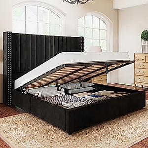 Jocisland King Bed Frame Lift Up Storage Bed, Velvet King Upholstered Bed Frame/Channel Tufted Wingback Headborad/No Box Spring Needed/Black