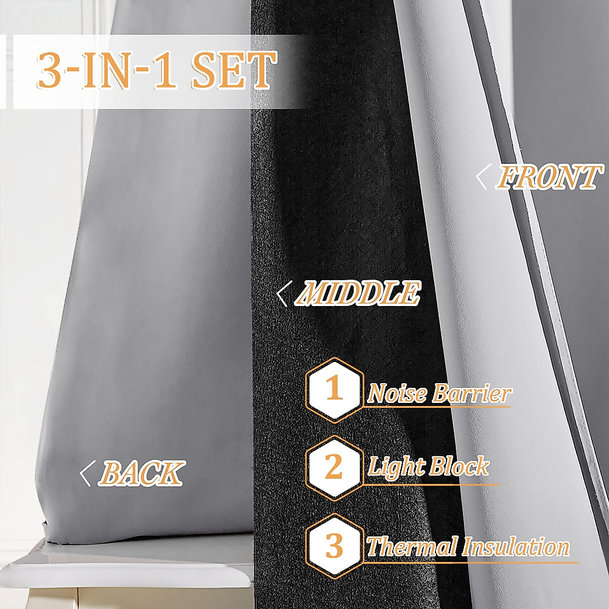 RYB HOME 100% Blackout Curtains with Noise Absorbing Liner, 3 Layers Soundproof Thermal Insulated Summer Drapes for Bedroom Living Room Baby Nursery, 52 x 63 inch, Sliver Grey, Set of 2