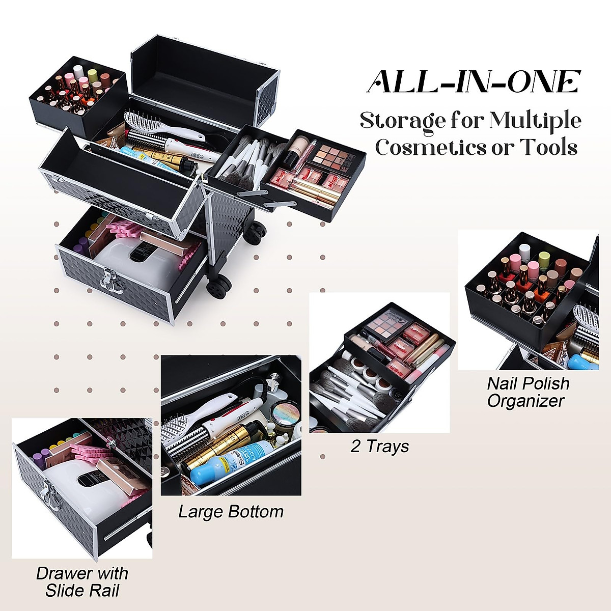 Adazzo Professional Rolling Makeup Case for Makeup Artists Multi-functional Cosmetic Train Case Large Storage Case for Nail Technicians Cosmetology Case with Compartments for Hairstylist