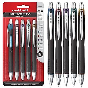 Uniball Jetstream RT BLX 5 Pack, 1.0mm Medium Assorted, Wirecutter Best Pen, Ballpoint Pens, Ballpoint Ink Pens | Office Supplies, Ballpoint Pen, Colored Pens, Fine Point, Smooth Writing Pens