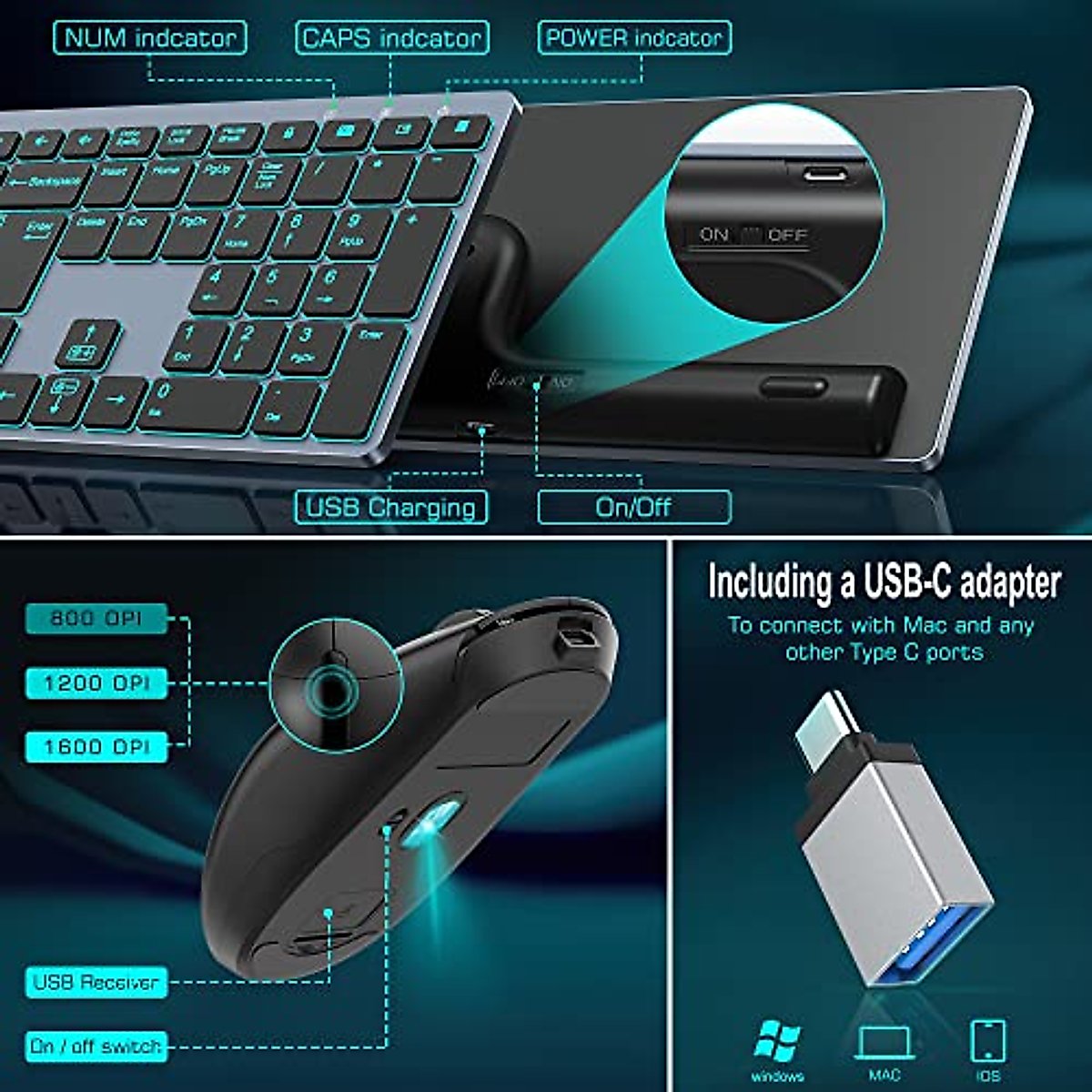 Wireless Keyboard and Mouse Combo Rechargeable, Full Size Wireless Keyboard with Backlit, 2.4G Silent USB Wireless Keyboard Mouse Combo [with USB C Adapter] for Windows, Mac OS Desktop/Laptop/PC