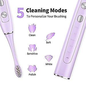 SARMOCARE Sonic Electric Toothbrush, Travel Rechargeable Toothbrushes for Adults Kids with 5 Modes and 6 Brush Heads, Waterproof,Smart Timer & Travel Case Included-Purple
