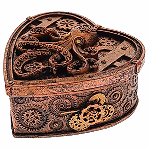 Top Brass Steampunk Octopus Heart Shaped Small Trinket Stash Jewelry Box Figurine - Unusual Eclectic Gothic Decor (Rustic Copper)