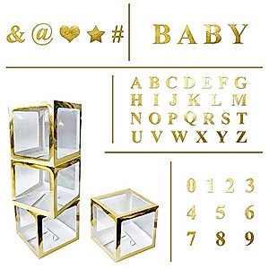 4 pcs Gold Transparent Balloons Boxes with 30 Letters 10 Numbers 5 Symbols, UNIIDECO Neutral Gender Reveal Oh Baby Shower Decorations ABC Blocks Sign, Bridal Wedding Shower Birthday Party Supplies