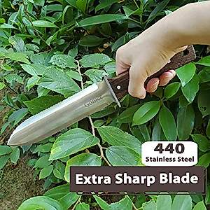 gonicc Professional Hori Hori Garden Knife with Leather Sheath, Protective Handguard, High polished 440 Stainless Steel Blade, Sharpening Stone Included, for Weeding, Digging, Pruning, and Cultivating, Gardening Spades