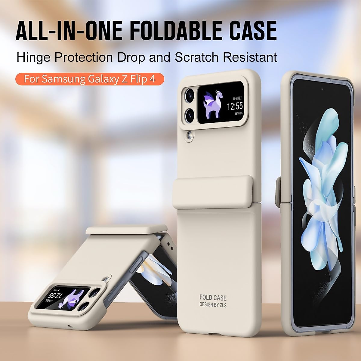 Phone Case Ultra-Thin Lightweight Case Compatible with Samsung Galaxy Z Flip 4 5G with Hinge+Screen Protector Shockproof Full Protective Rugged Cover for Galaxy Z Flip 4 5G Phone Cover (Color : Beige