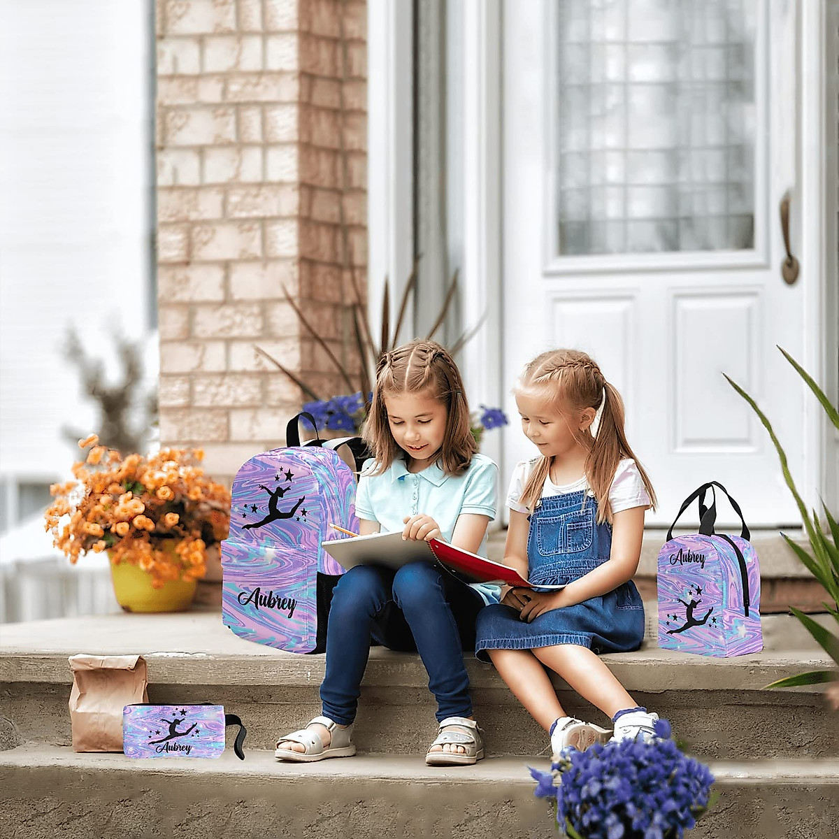 Gymnastic Marble Unicorn Abstract Personalized Backpack Set for Teen Boys Girls with Lunch Box & Pencil Pouch Bag Travel Backpack