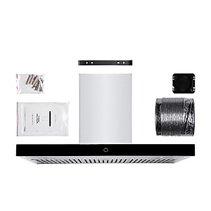 Hauslane | Chef Series Range Hood: 36" WM-739 Wall Mount Kitchen Fan | Contemporary Stainless Steel T Style Hood with Black Glass Panel | 3 Speed Touch Control Wall Mount | Vented or Ductless