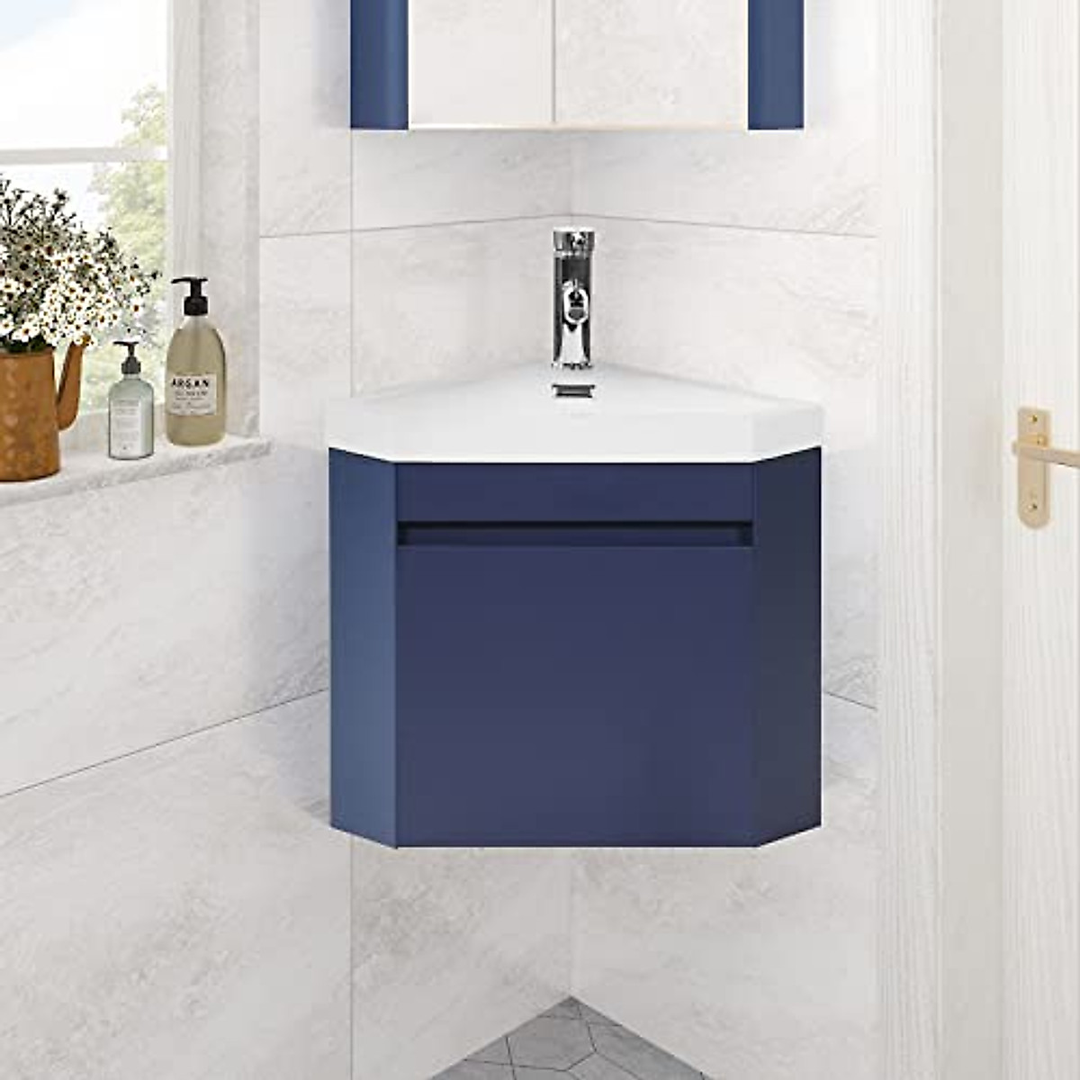 walsport 16" Corner Bathroom Vanity Floating Single Sink Combo for Small Space Wall Mounted Cabinet Set Design Resin Basin Sink Top Chrome Faucet and Drain,Blue
