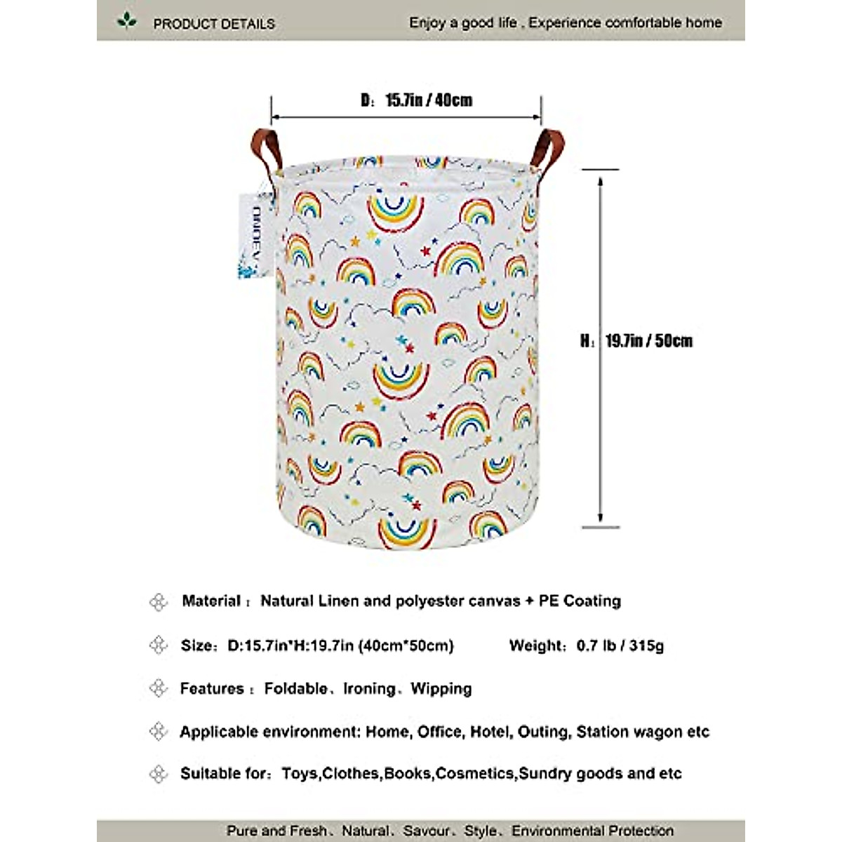 ONOEV Round waterproof laundry basket、foldable storage basket、laundry Hampers with handle、gift basket,suitable for children's room and toy storage (Rainbow)