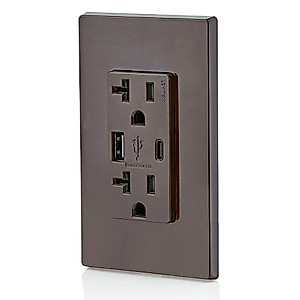 Leviton T5833-B Type A & Type-C USB In-Wall Charger with 20A Tamper-Resistant Outlet, USB Charger for Smartphones and Tablets. Not for Laptops, Brown
