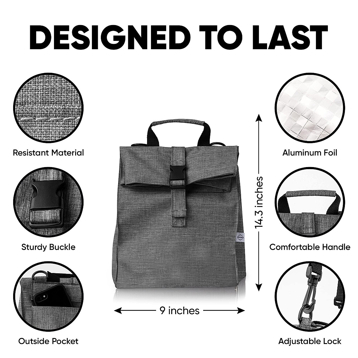 WISHBAX Collapsible Maximum Insulated Lunch Bag for Men & Women, Lightweight Cooler Insulated Lunch Box for Men & Women, Leakproof, Waterproof, Stain-Resistant Adult Lunch Boxes for Men