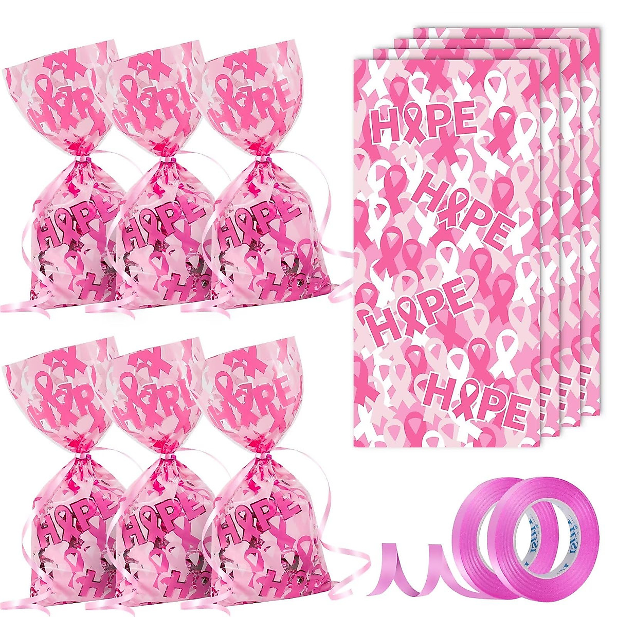 Heartome Breast Cancer Awareness Accessories, 204Pcs Ribbon Party Supplies, 4 Rolls of 11 Yards Ribbon, 200Pcs Breast Cancer Support Cellophane Bags for Breast Cancer Parties Present Wrapping