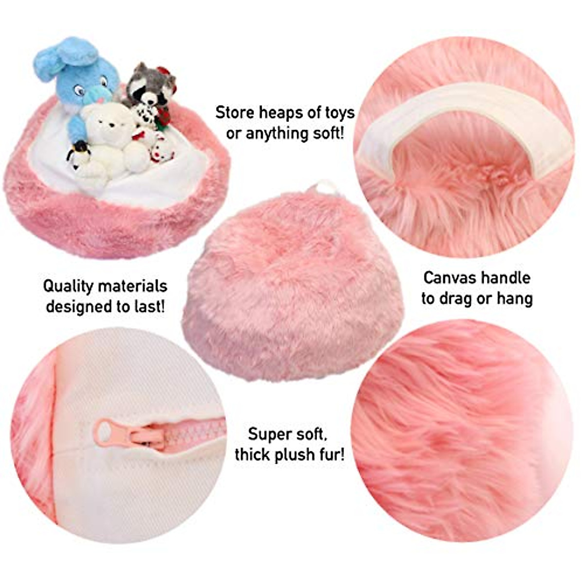 Fluffy Stuffs | Super Soft Furry Stuffed Animal Storage Bean Bag Chair Cover for Kids | Premium Plush Fur | Canvas Handle | Make Bedroom Clutter Comfortable and Fun for Children | Machine Washable