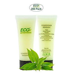 ECO AMENITIES Travel Size Conditioner - 200 PACK, 30mL, 1 oz Hotel Conditioner Bulk Supplies for Guests - Green Tea Scent Eco Conditioner, Mini Conditioner with Flip Cap, Clear Container