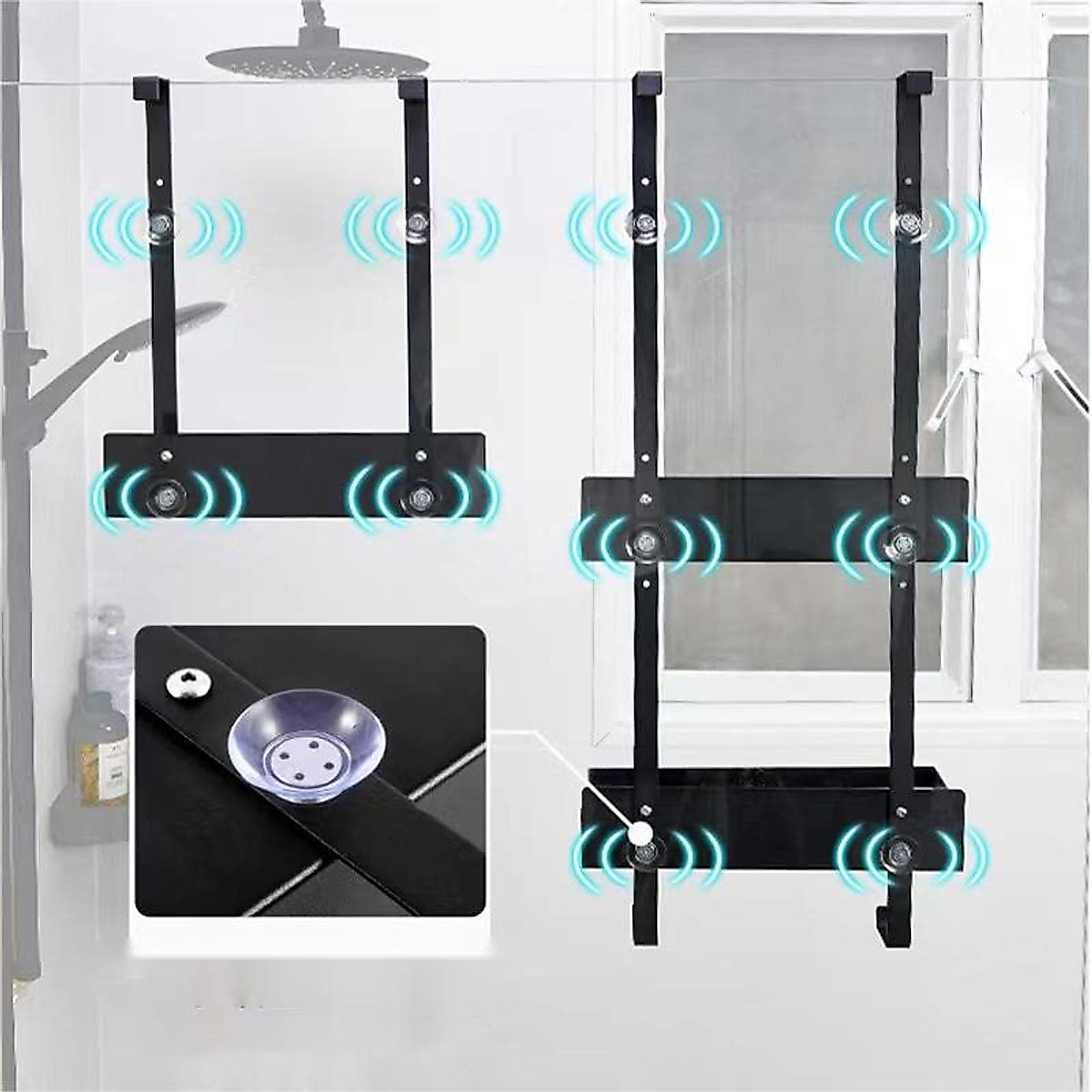 Natural Bamboo Over the Door Shower Caddy，Rust-proof Carbon Steel Adjustable Hanging Organizer Shelf ,Soap Holder Bathroom Shelf，Shower Basket with Hook Suction Cup (Black-2 Tier)